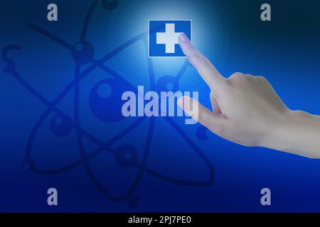 Woman pressing virtual first aid button on blue background, closeup ...