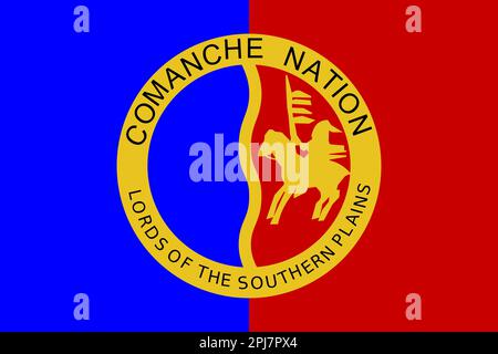 official flag of Comanche Nation people ethnic, USA at cloudy sky ...