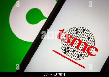 Taiwan Semiconductor Manufacturing Co. (TSMC) logo seen in iPhone with ...