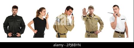 Collage of different professional security guards on white background ...