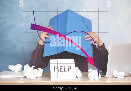 Confused man and illustration of falling down chart on light blue ...