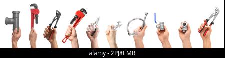 Collage with photos of men holding plumbing tools on different color ...