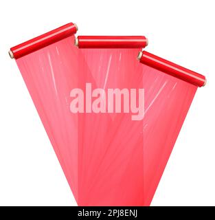 Rolls of red plastic stretch wrap on white background Stock Photo - Alamy
