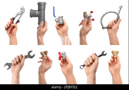Collage with photos of men holding plumbing tools on different color ...