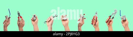 Collage with photos of men holding plumbing tools on different color ...