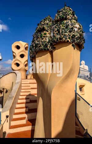 Chimneys in the shape of warrior soldiers on the rooftop terrace of ...