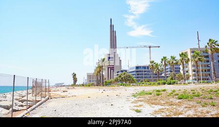 Badalona beach with three chimneys in the background, Barcelona ...