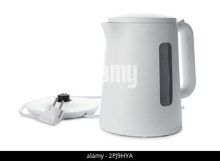 Modern electric kettle with base and plug isolated on white Stock Photo ...