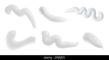 Set with smears of toothpaste on white background, top view. Banner ...
