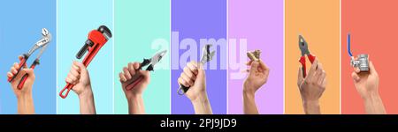 Collage with photos of men holding plumbing tools on different color ...