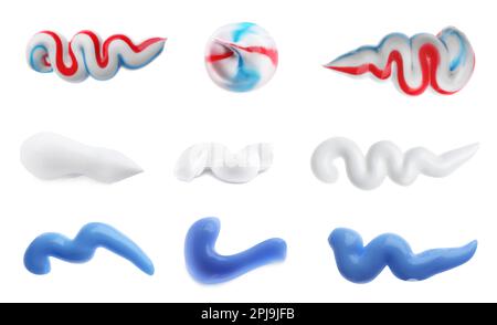 Set with smears of toothpaste on white background, top view. Banner ...