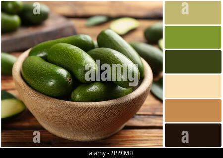 Color palette and fresh seedless avocados on wooden table. Collage ...