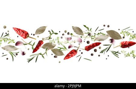 Many different spices flying on white background Stock Photo - Alamy