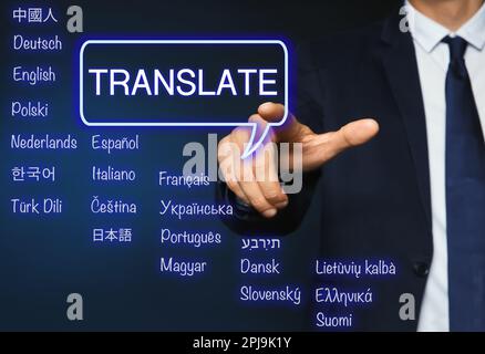 Translator pointing at virtual screen with names of different languages ...