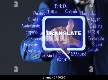Translator pointing at virtual screen with names of different languages ...