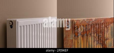 Collage with photos of panel radiator affected by rust and new one on ...