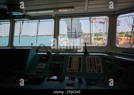 View from bulk carrier's captain's bridge to bulk cargo berth. View of ...