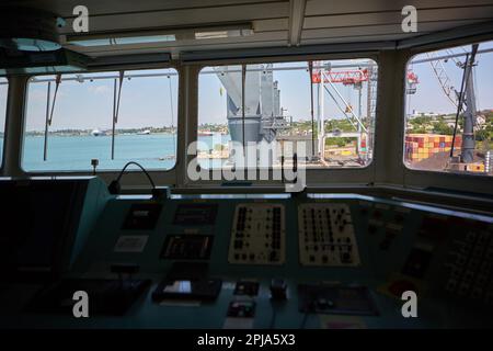 View from bulk carrier's captain's bridge to bulk cargo berth. View of ...