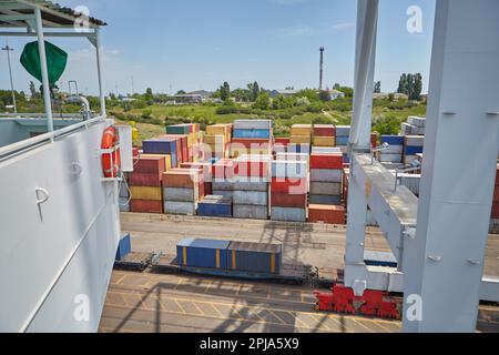 View from bulk carrier's captain's bridge to bulk cargo berth. View of ...