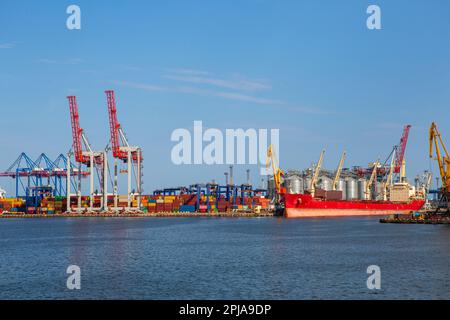 View of the seaport with containers elevator and bulk carrier Stock ...