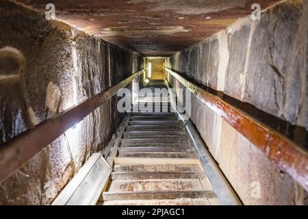 Tunnel entrance to the ancient Egyptian pyramid. A long passage in the ...