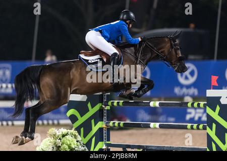 Jacqueline Steffens-Daley of Eye Candy Jumpers competes at a Major ...