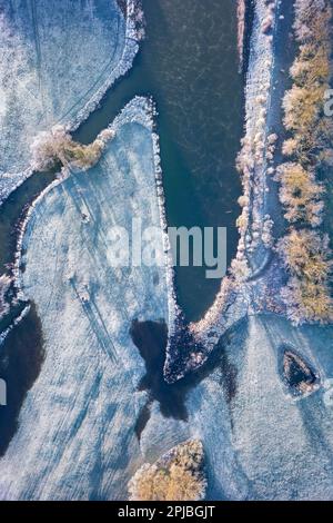 Aerial view of a river delta covered with moraine in the Taku Inlet ...
