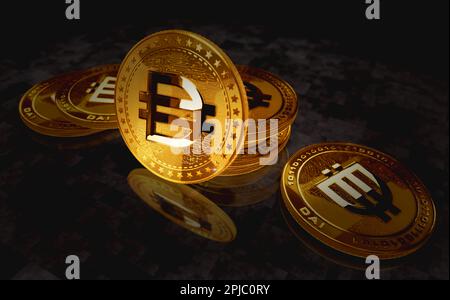 Dai ETH stablecoin cryptocurrency gold coin on green screen background ...