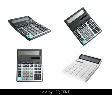Set of different calculators on white background Stock Photo - Alamy