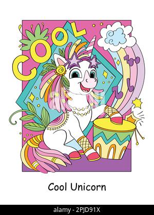 Unicorn hippie plays the drum with lettering cool. Cartoon vector ...