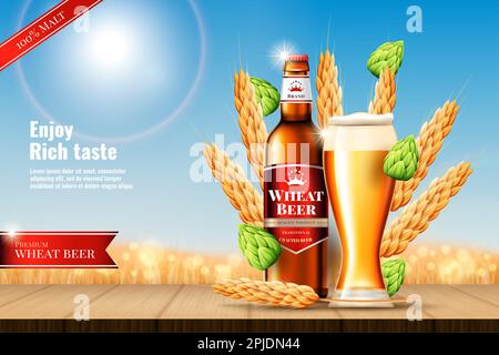 Realistic malt beer, ad promotion banner, bottle with label and glass ...