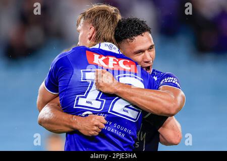 Bulldogs celebrate the try of Jacob Preston during the NRL Round 5 ...