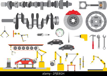 Robotic arm realistic background with car manufacture symbols vector ...