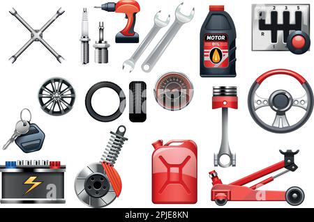 Realistic car parts and mechanic tools isolated on white background ...
