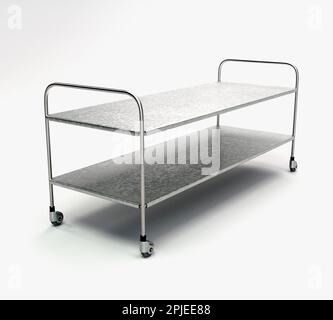 A simple stainless steel and chrome hospital or mortuary gurney with ...