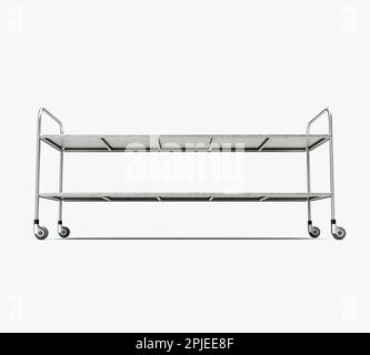 A simple stainless steel and chrome hospital or mortuary gurney with ...