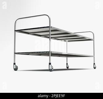 A simple stainless steel and chrome hospital or mortuary gurney with ...