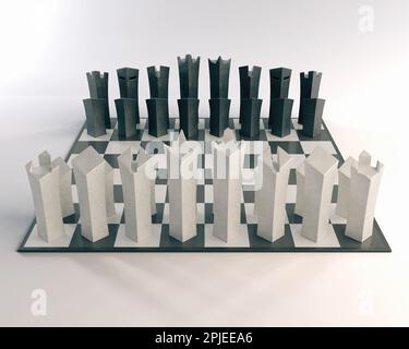 A minimalist metal chess set setup to begin on a checkered board and ...