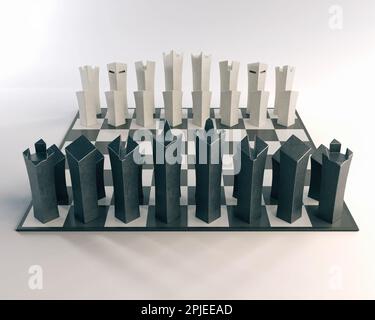 A minimalist metal chess set setup to begin on a checkered board and ...