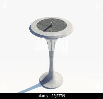 A modern round stone sundial with etched roman numerals standing an a ...