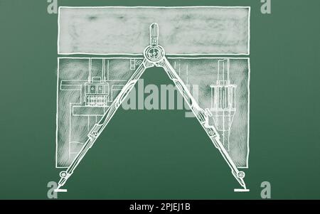 Chalk drawn sketch of a Compass (drawing tool) on blackboard background ...