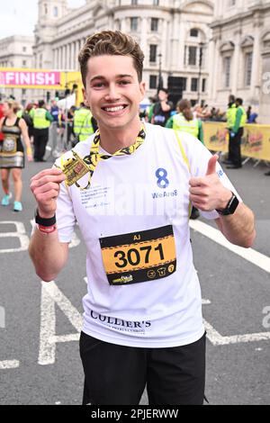 London UK. 2 April 2023. AJ Pritchard at the Finish of the 2023 London ...