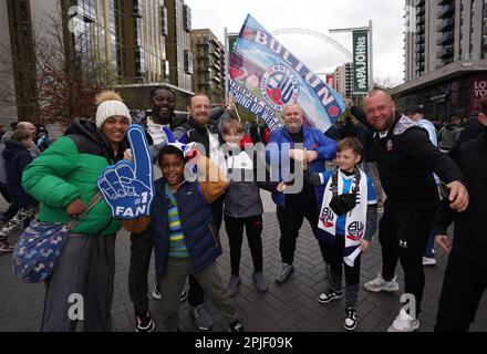 Bolton Wanderers fans pose for a photo prior to the Papa Johns Trophy ...