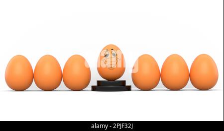 Farm brown egg on podium and crowd of eggs standing in line on blue ...