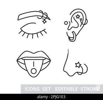 Piercing icons set. Outline set of piercing vector icons neon color on ...