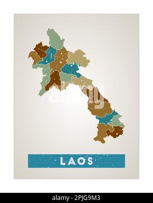 Laos vintage map. Grunge poster with map of the country in retro color ...