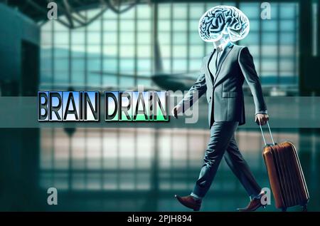 Metaphor of the brain drain. An elegant brain in the waiting room of an ...