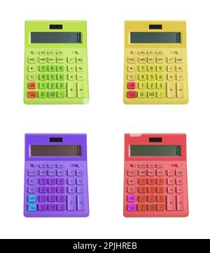 Many calculators on red background. Pattern for design Stock Photo - Alamy