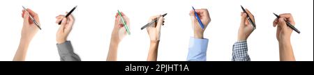 Collage with photos of people holding pens on white background Stock ...