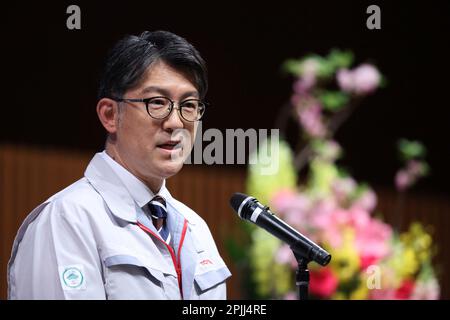 Koji Sato, 53, CEO of Toyoto Motor Co., delivers a speech during an ...